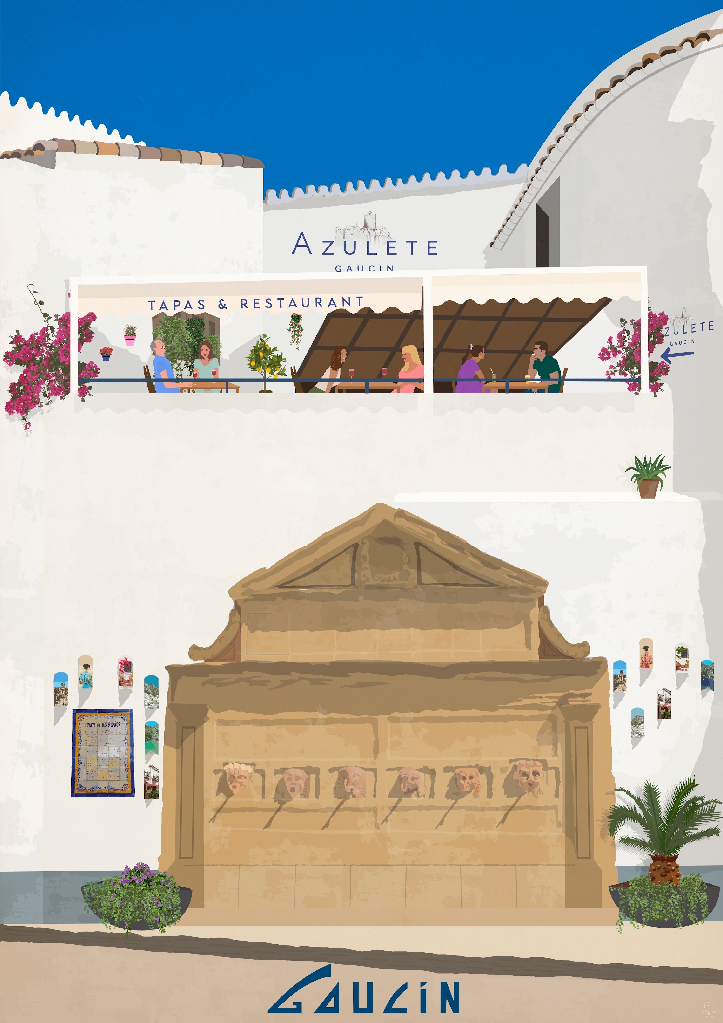 Illustration of Azulete Restaurant Gaucín – Travel art by SAX Doodle